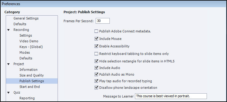 Setting project preferences in Adobe Captivate Classic